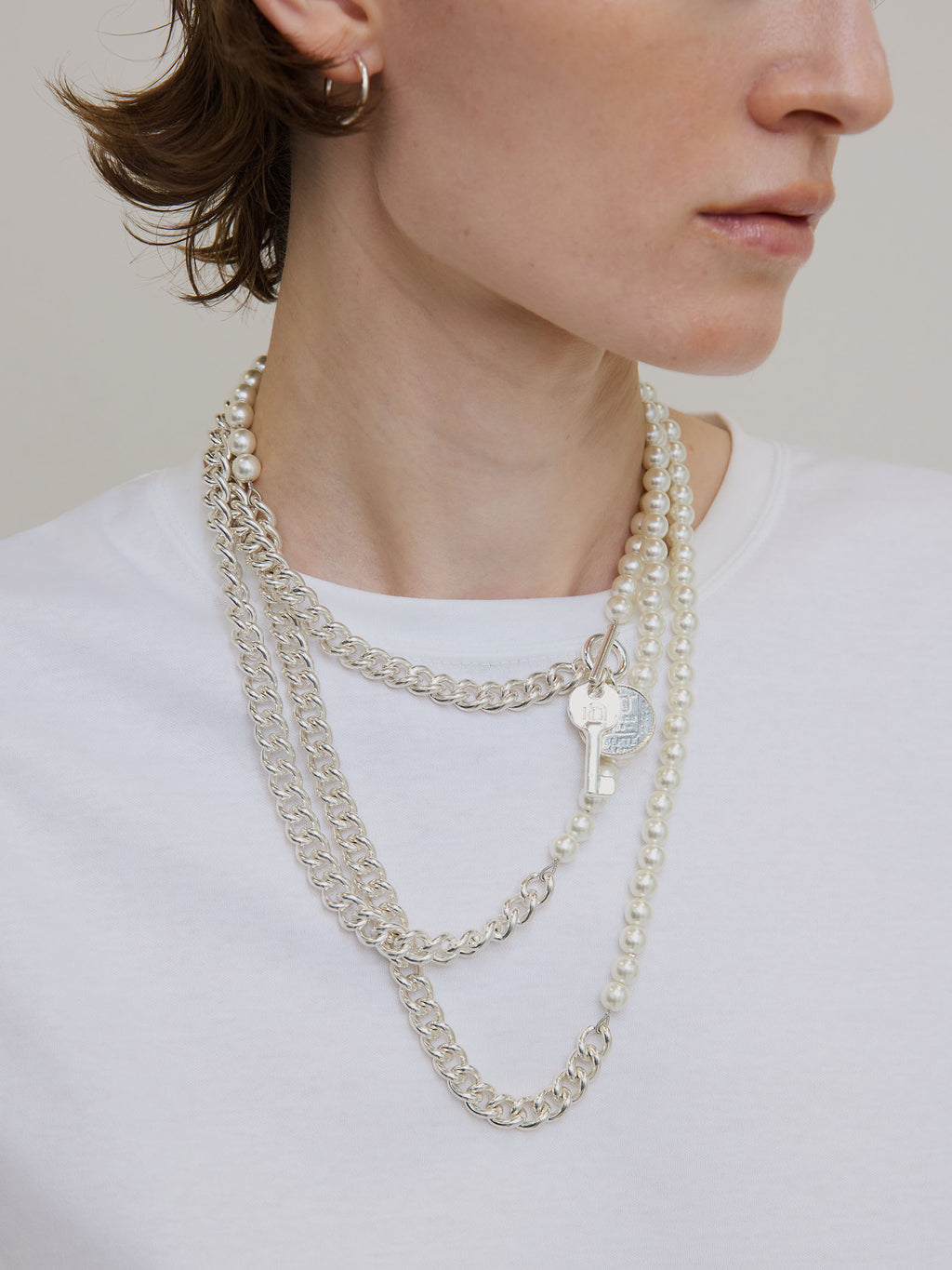 3WAY MOTIF FAKE PEARL CHAIN NECKLACE